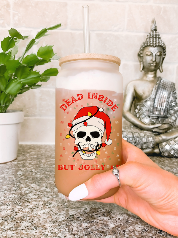 Dead Inside But Jolly AF Glass Mug Tumbler, Christmas Gift for Her, Sk ...